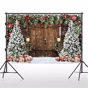 Lofaris Winter Christmas Backdrop Xmas Photography Backdrop Rustic Barn Wood Door Backdrop Xmas Tree Snow Gift Bell Kids Adult Family Supplies Banner Party Baby Shower Decoration Background 9x6ft