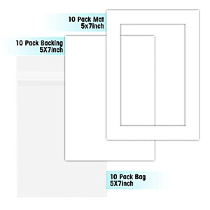 Golden State Art, Pack of 10 White Pre-Cut 5x7 Picture Mat for 4x6 Photo with White Core Bevel Cut Mattes Sets. Includes 10 High Premier Acid Free Bevel Cut Matts & 10 Backing Board & 10 Clear Bags