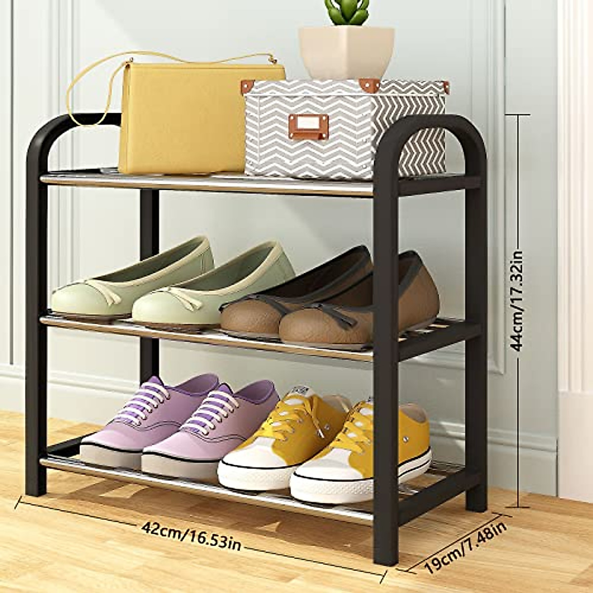 Small Shoe Rack，3-Tier Shoes Shelf Storage Multifunctional Lightweight Organizer Sturdy Metal Stackable Stand Footwear for Closet Living Room Bedroom bathroom(3 Tier Black Shoe Rack)