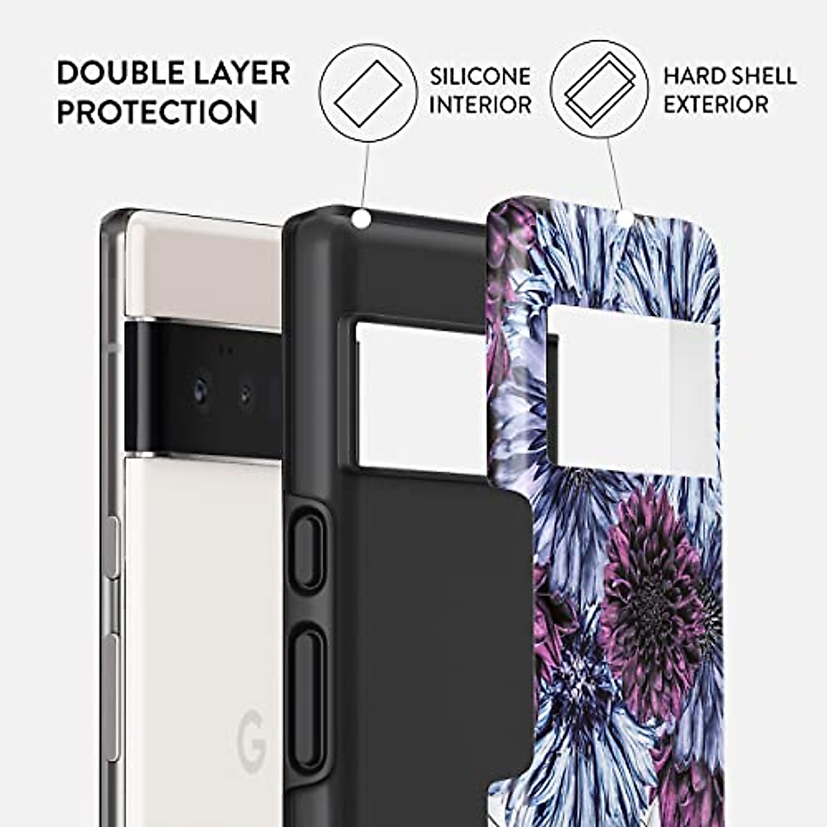 BURGA Phone Case Compatible with Google Pixel 6 PRO - Hybrid 2-Layer Hard Shell + Silicone Protective Case -Dazzling Purple Dahlia Floral Print Pattern Doodle - Scratch-Resistant Shockproof Cover