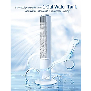 Evaporative Air Cooler - HiFresh 42-In Bladeless Tower Fan w/4 Ice Packs & Water Tank, 3 Speeds & Cooling Mode 600CFM Swamp Cooler, 70°Oscillation, 12-H Timer Remote Control for Large Room/Home/Office