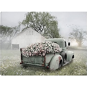 Fine Art Canvas Sage Green Truck with Blush Petunias Canvas Print by Artist Lori Deiter for Living Room, Bedroom, Bathroom, Kitchen, Office, Bar, Dining & Guest Room - Ready to Hang - 43InW x 32InH