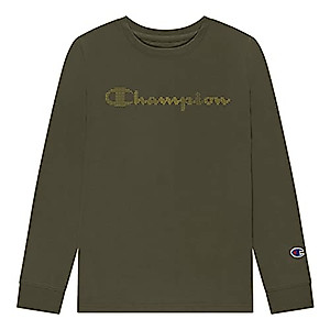 Champion Boys Long Sleeve Tee Shirt Kids Tops (Cargo Olive Outline, Large)
