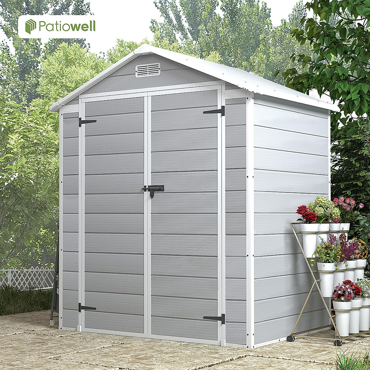 Patiowell 6x4 FT Plastic Outdoor Storage Shed-Perfect to Store Patio Furniture, GardenTools Bike Accessories, Beach Chairs and Lawn Mower, White & Grey