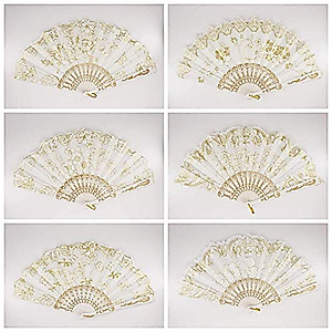 12 Pc Mix Spanish Style White and Gold Glitter Floral Pattern Folding Fan for Wedding Party Decor/Sweet 15 favors/Dancing Hand Fan/Table Setting/Wall Decoration/Out Door Wedding/Wedding Gift