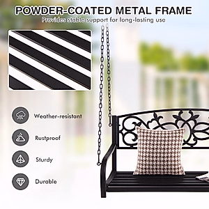 Tangkula 2 Person Porch Swing, Hanging Patio Swing Bench with Chains, Backrest & Armrests, Classic Outdoor Metal Swing Chair with Floral Pattern for Garden, Deck, Backyard (Brown)