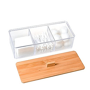 Eiyye Wood QTips Holder, Cotton Swab Dispenser, Jar for Cotton Ball, 3 Compartment Dispenser Container Box for Bedroom Vanity Organizers and Bathroom Storage