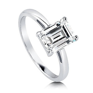 BERRICLE Sterling Silver Solitaire Wedding Engagement Rings 2.1 Carat Emerald Cut Cubic Zirconia CZ Ring for Women, Rhodium Plated Size 7.5