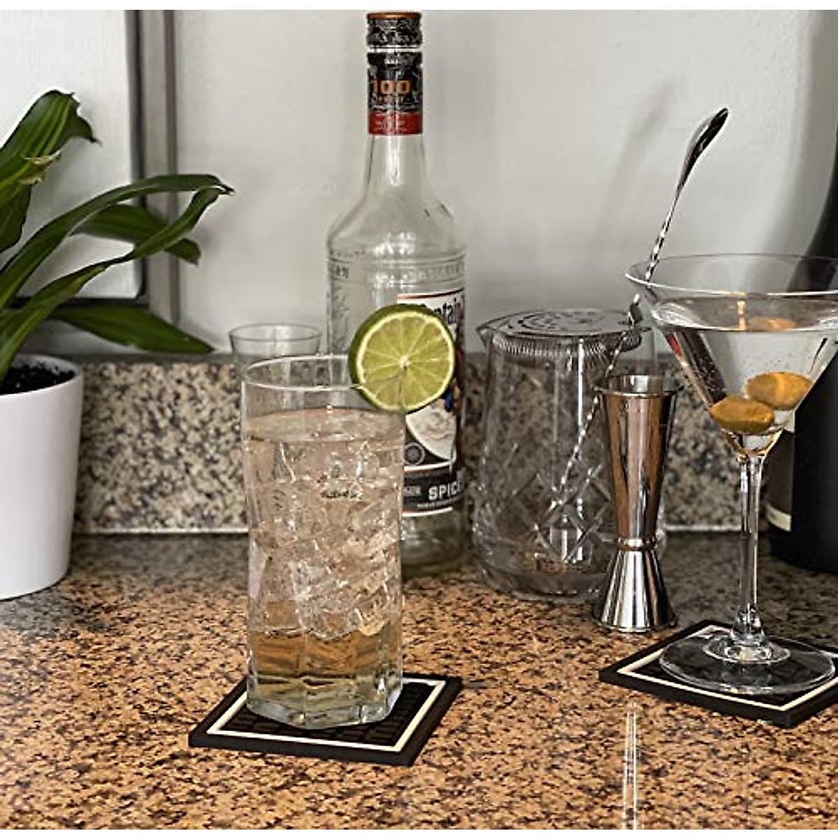 Highball & Chaser Bar Mat Coasters | 6 Piece Coaster Set | Square Absorbent Coasters for Drinks | Stylish Design Great for Home Decor or Bars