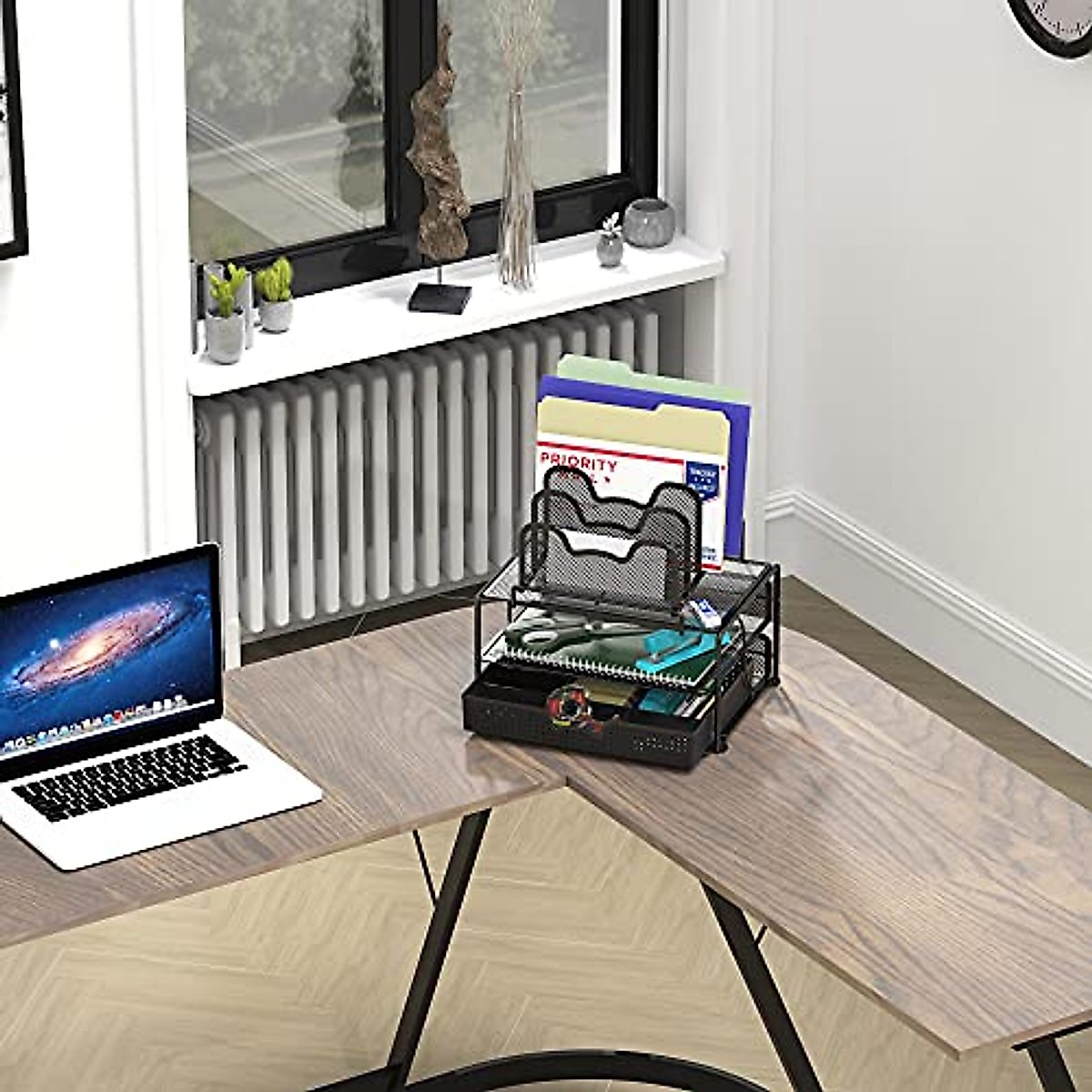 SimpleHouseware Mesh Desk Organizer with Sliding Drawer, Double Tray and 5 Stacking Sorter Sections, Black