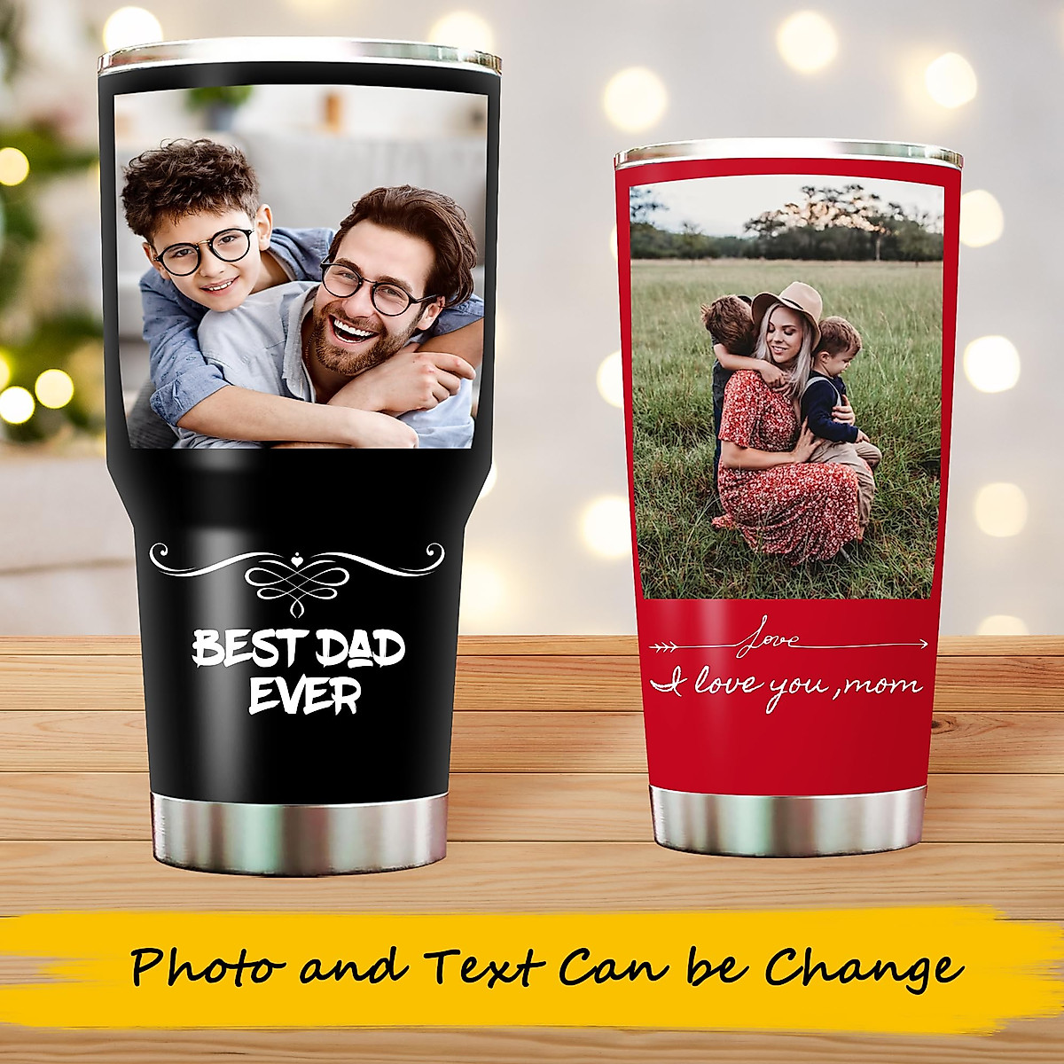 Personalized Photo Tumbler, Custom Coffee Mug Double Sides Print Stainless Steel Insulated Cup, Customized Travel Mug for Him Her Men Women Friends Gift for Fathers Day Birthday Christmas
