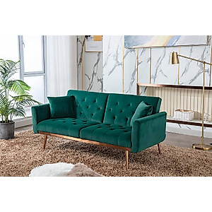 SZLIZCCC 63" Green Velvet Couch, Tufted Loveseat Sofa, Convertible Futon Sofa Bed, Accent Sofa Recliner, Golden Metal Legs, 2 Couch Pillows, Mid Century Modern Sofas for Home Living Room Bedroom