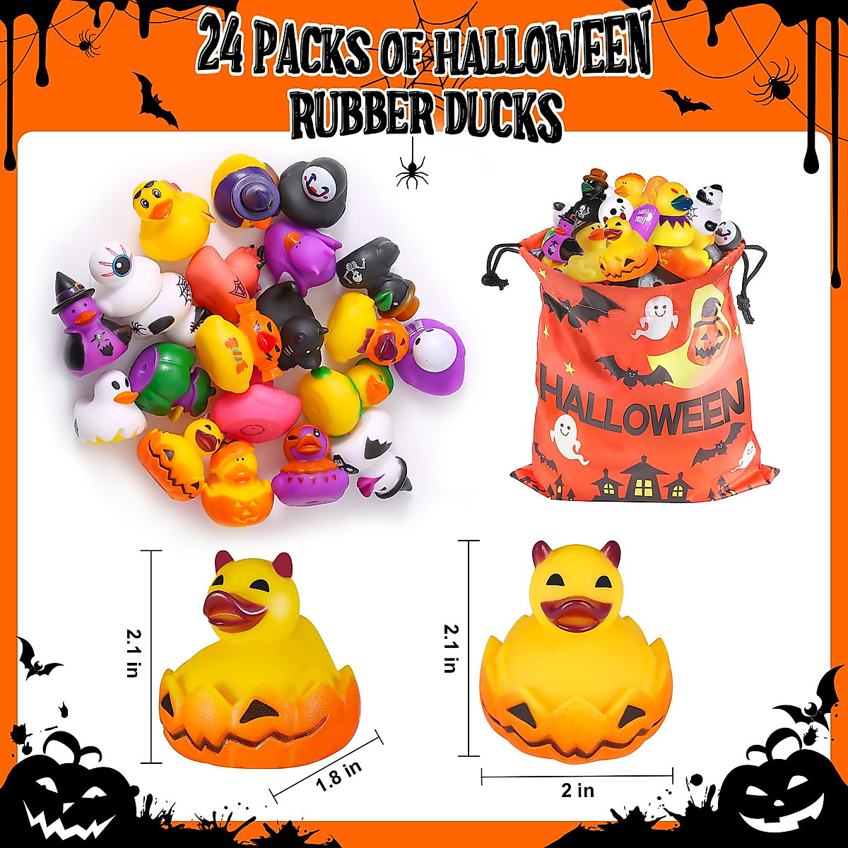 24 Pack Rubber Ducks with Bag - Halloween Party Favors & Bath Toys for Kids - Goodie Bag Fillers & Jeep Ducks for Gifting