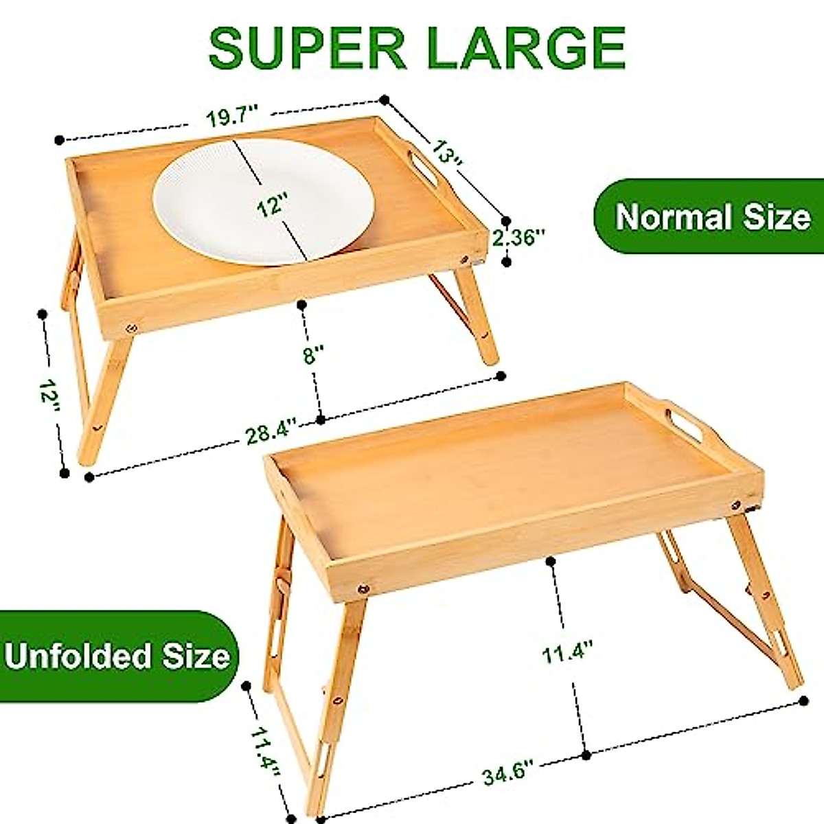 Bellsal Large Bamboo Bed Tray Table, Large Breakfast Tray - 19.7x13 Inch with Adjustable Legs, Multipurpose Serving Tray Use As Portable Laptop Tray, Snack Tray, Platter Tray for Working, Eating