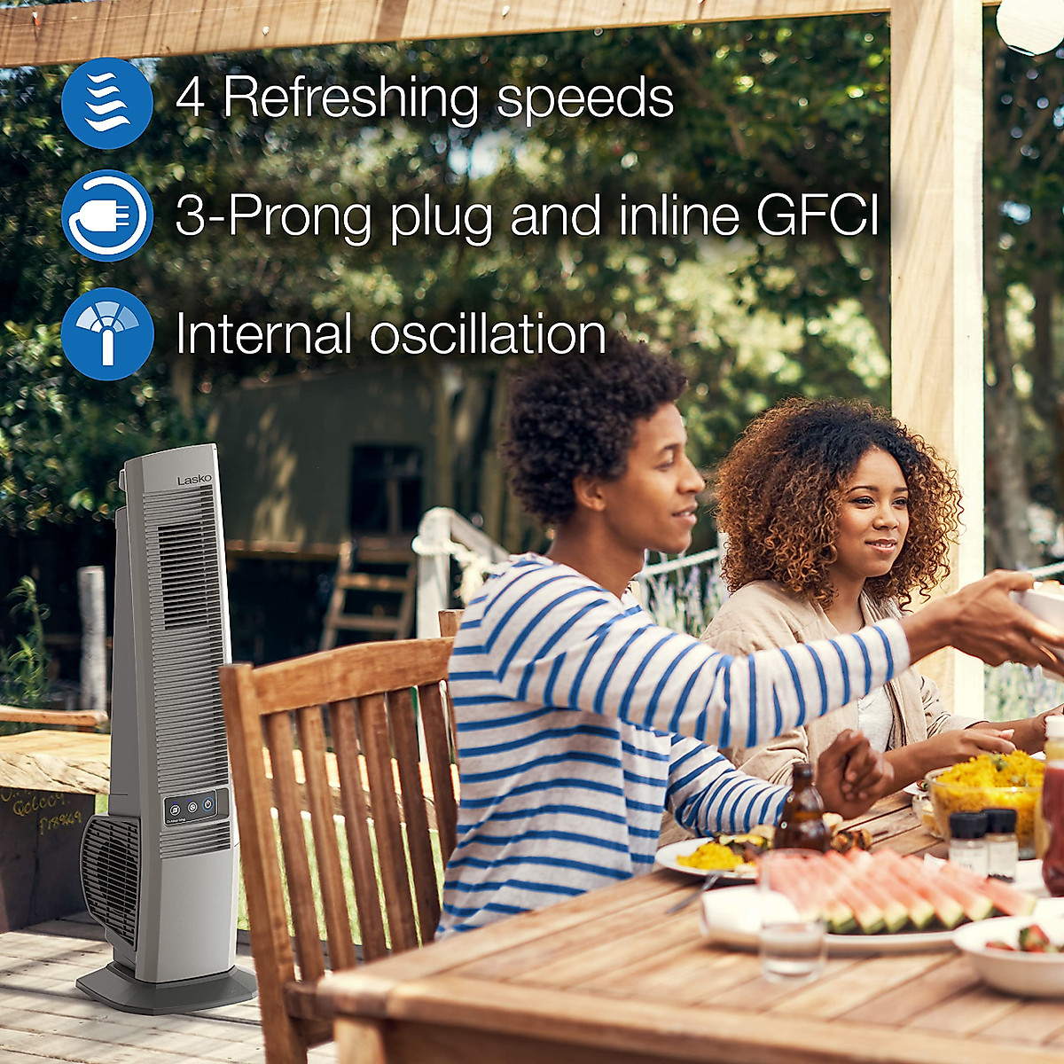Lasko Outdoor Living Oscillating Tower Fan, for Decks, Patios and Porches, 10 Foot Power Cord, 4 Refreshing Speeds, 42", Grey, YF202