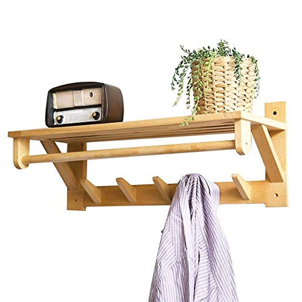 PIBM Stylish Simplicity Shelf Wall Mounted Floating Rack Shelves Solid Wood Coat Rack Bedroom Living Room Hangers Simple Save Space, Wood , 60x23.5x23.2cm