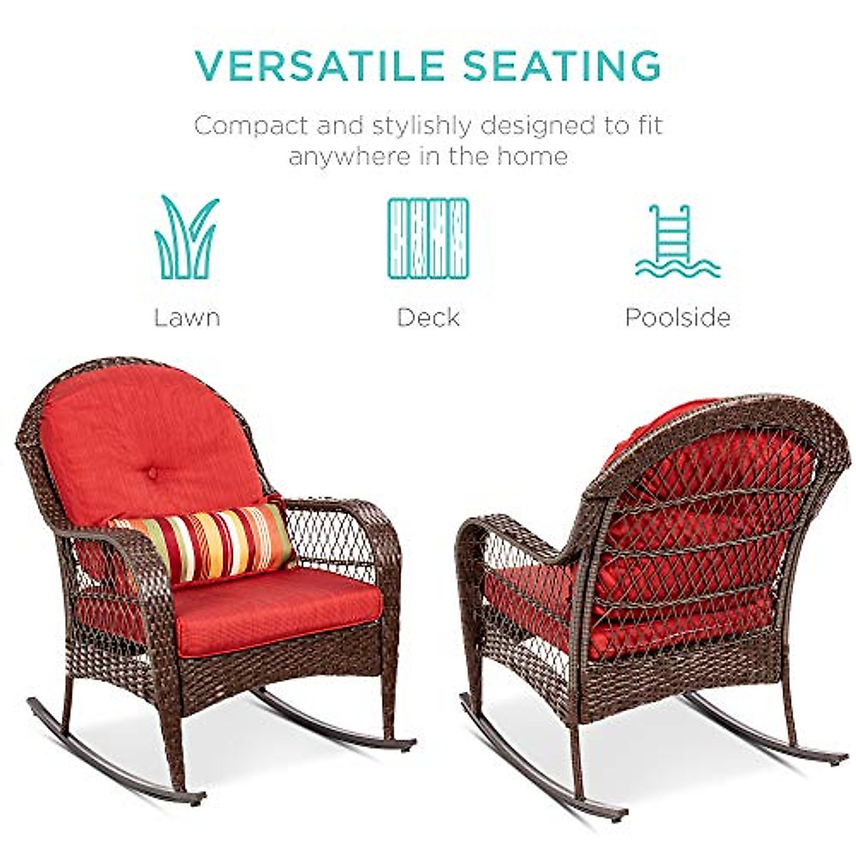 Best Choice Products Outdoor Wicker Patio Rocking Chair for Porch, Deck, Poolside w/Steel Frame, Weather-Resistant Cushions - Red