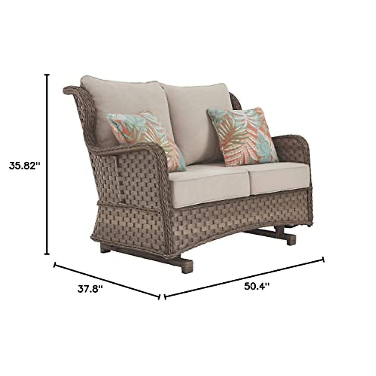 Signature Design by Ashley Clear Ridge Outdoor Handwoven Wicker Cushioned Loveseat Glider with 2 Throw Pillows, Light Brown