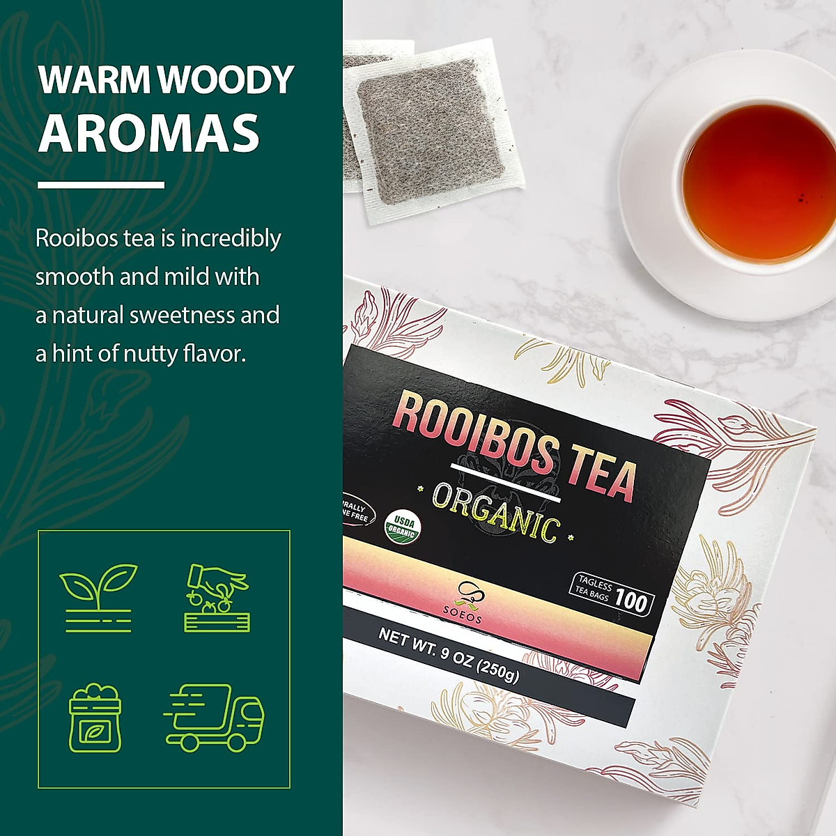 Soeos Rooibos Tea, Rooibos Tea Organic, Rooibos Tea Bags (100 Count), Naturally Sweet Herbal Tea, Caffeine Free, USDA Organic, Red Rooibos Tea Farmed in South Africa 9oz (250g),100 Count (Pack of 1)