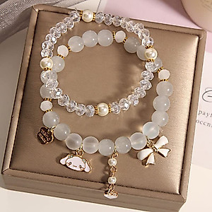 NIQIPOK Crystal Bead Kuromi Bracelets for BFF Friendship Cute Kawaii Elastic Relationship Matching Beaded Bracelets for Women