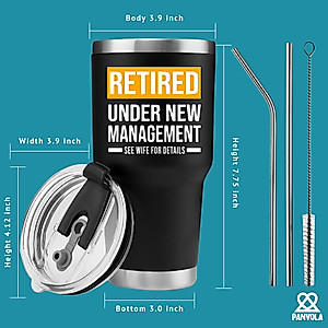 Panvola Retired Under New Management See Wife for Details Funny Retirement Gifts to Husband Retired Dad Retiree Mug Vacuum Insulated Tumbler 30 oz Black