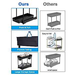 Under Sink Organizers and Storage 2 Pack, Pull-out Sliding Drawers - 2 Tier Bathroom Organizer Under Sink, Multi Usage Kitchen Cabinet Organizers and Storage with 4 Hanging Cups and 8 Hooks, Black