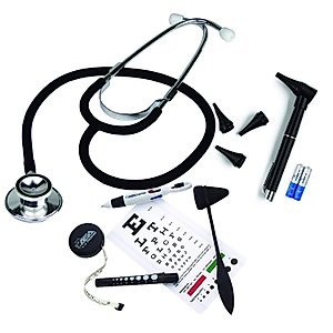 ASA TECHMED Dual Head Stethoscope Set with Snellen Eye Chart, Taylor Percussion Hammer, Otoscope w/Batteries, LED Pupil Gauge Penlight, Retractable Tape Measure, 4 in 1 Ballpoint Pen