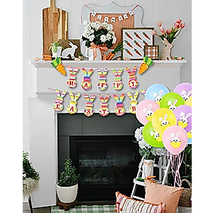 Easter Banner and Balloons Decorations, Happy Easter Bunny Banner Garland and 20 Pcs Bunny Pattern Balloons for Easter Home Decor Party Supplies (A)
