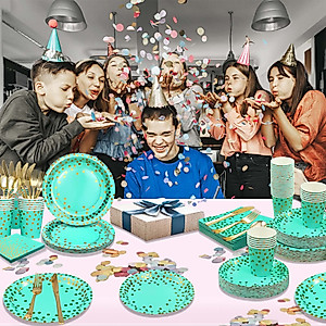Gudvilla 168PCS Teal Party Plates and Cups and Napkins sets,Teal Paper Plates Bulk with Gold Cutlery Serve 24 Guests,Teal Party Supplies Bridal Shower Birthday for Teal and Gold Wedding Decorations