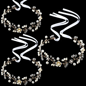 3 Pieces Headpiece Pearl Bridal Headband for Flower Girl Hair Accessory Rhinestone Princess Crown Cute Wedding Hair Accessories for Kids Girls Vine Hair Band, Gold