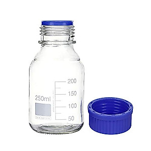 Pastein 10 Pieces 250 mL Graduated Round Reagent Media/Storage Glass Bottle With GL45 Blue Polypropylene Screw Cap