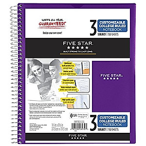 Five Star Spiral Notebook, 3 Subject, College Ruled Paper, 150 Sheets, 11" x 8-1/2, Customizable Cover, Color Selected For You, 1 Count (08232)