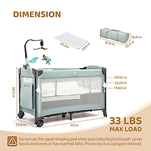 JOYMOR 3 in 1 Baby Bedside Bassinet, Bedside Sleeper with Mattress and Sheet, Convert to Bassinet, Playpen, Foldable Travel Bassinet Bed, with Toy, Wheels, Brake, Carry Bag