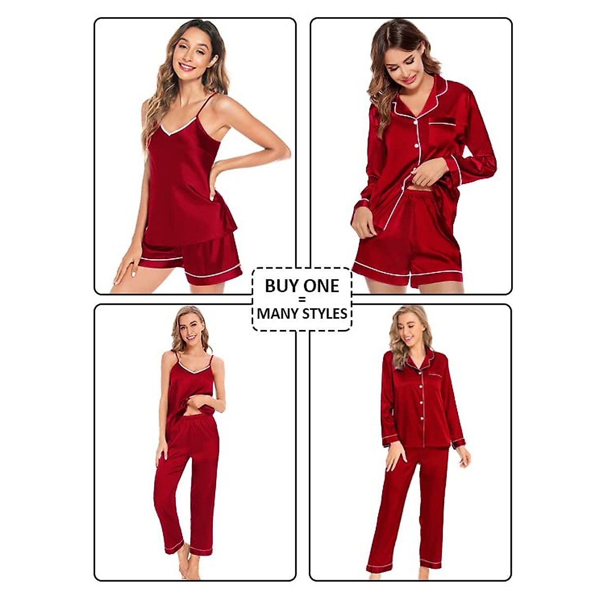 SWOMOG Womens 4pcs Pajamas Sets Silk Satin Pjs Sexy Cami Shorts Set Button Down Long Sleeve Sleepwear Loungewear, Red Medium
