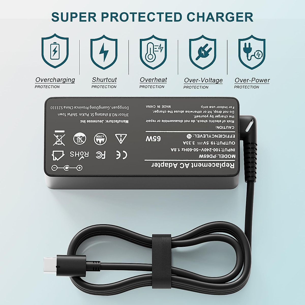 USB-C 65W 45W AC Replacement Charger fit for Lenovo ThinkPad T480 T490 T580 ADLX65YDC2A ADLX65YLC2D ADLX65YDC3A ADLX65YDC2D chromebook 2nd Gen S330 65W Laptop Power Supply Adapter Cord