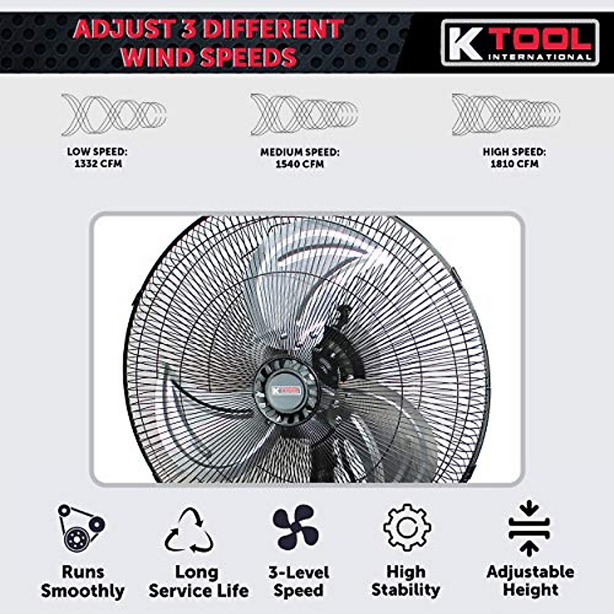 K Tool International 77733; 18 Inch Pedestal Fan; For Commercial and Residential Use, 3 Speed Motor, Wide Fan Blades Designed for Quiet Operation, Adjustable Height Pedestal, 1,810 Max CFM, Black