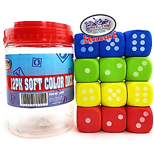 Deluxe 1.5" EVA Foam Dice Red, Green, Blue & Yellow (Pack of 12) Bucket