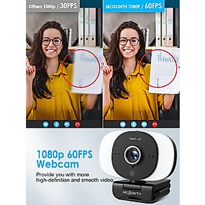 MOSONTH Webcam with Microphone, 60FPS Autofocus Computer Camera with 3 Light Colors, Web Camera with Built-in Privacy Cover, Tripod, Streaming Webcam for Conferencing, Teaching
