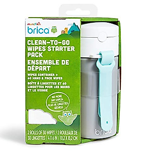 Brica Clean-to-Go Wipes Container Starter Pack, Includes 60 Unscented Hand & Face Baby Wipes, 99% Water Wipes with Chamomile & Aloe