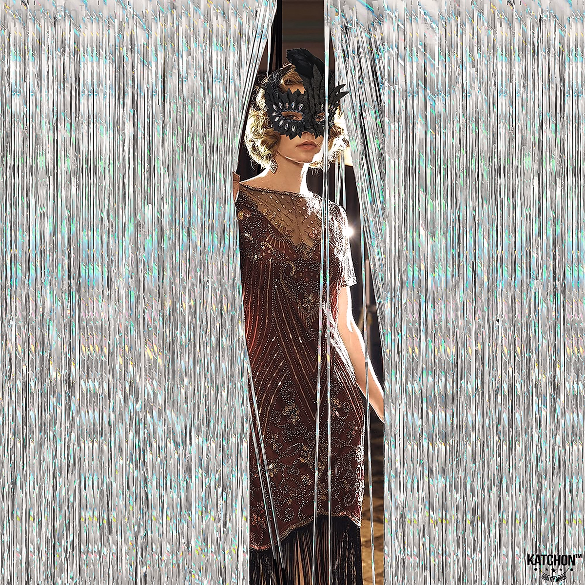 KatchOn, Holographic Silver Streamer Backdrop - XtraLarge 3.2x8 Feet, Pack of 2 | Silver Fringe Backdrop for Silver Streamers Party Decorations | Silver Tinsel Backdrop for Disco Party Decorations