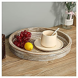 Large Round Serving Tray Without Handle, Solid Wood Circle Tray, Decorative Food Tray for Ottoman, Coffee Table, Breakfast, Drinks Serving Plate Bar Server White Breakfast Tray