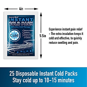 General Medi Instant Ice Cold Pack (4”x 5.5”) – 25 Packs Disposable Cold Therapy Ice Packs for Pain Relief, Swelling, Inflammation, Sprains, Toothache – for Athletes & Outdoor Activities