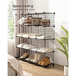 DINMO Wire Cube Storage Organizer, 16-Cube Metal Grid Storage Shelves, Modular Storage System, Closet Organizer, Ideal for Home, Office, Living Room, Stackable, 12" x 12", Black