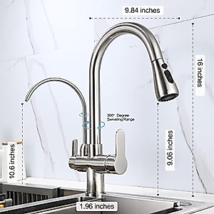 HUAHUALALA Kitchen Sink Faucet with Pull Down Sprayer 2 Handle 3 in 1 Water Filter Purifier Faucets, Brass Drinking Water Faucet Reverse Osmosis Faucet Brushed Nickel