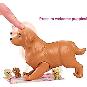 Barbie Doll and Pets, Blonde Doll with Mommy Dog, 3 Newborn Puppies with Color-Change Feature and Pet Accessories