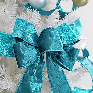 HUIHUANG Velvet Wired Ribbon Teal Ribbon Christmas Velvet Ribbon 2.5 inch Wide Turquoise Blue Metallic Glitter Ribbon for Christmas Tree Wreaths Gift Wrapping Bows Gralands Home Decor Crafts-10 Yards