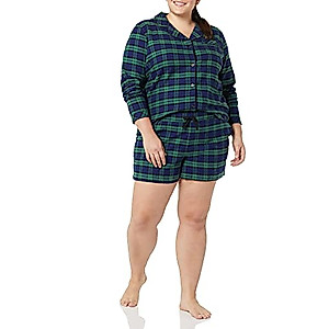 Amazon Essentials Women's Lightweight Woven Flannel Pajama Set with Shorts, Dark Green Navy Blackwatch Plaid, Small