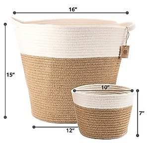 Little Hippo 2pc Large Cotton Rope Basket, White (16"x15") 100% Natural Cotton! Laundry Basket, Woven Storage Basket, Blanket Basket Living Room, Toy Storage Basket, Pillow Basket, Round Basket