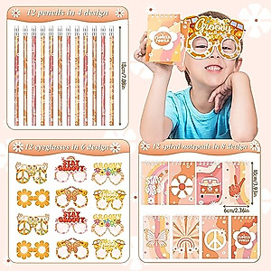 Honoson 122 Pcs Groovy Party Favors Retro Hippie Stationery Set Classroom Reward Prizes Notepads Pencils Badges Sharpeners Glasses Stickers Gift Bags for Kids Boho Birthday Two Groovy Party Supplies