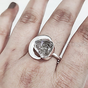 Natural Herkimer Diamond Ring, Raw Herkimer Diamond Ring, Crescent Moon Adjustable Ring, 925 Sterling Silver, Womens Ring, Christmas, Handmade, Statement Jewelry, Rough Gemstone Jewelry (9)